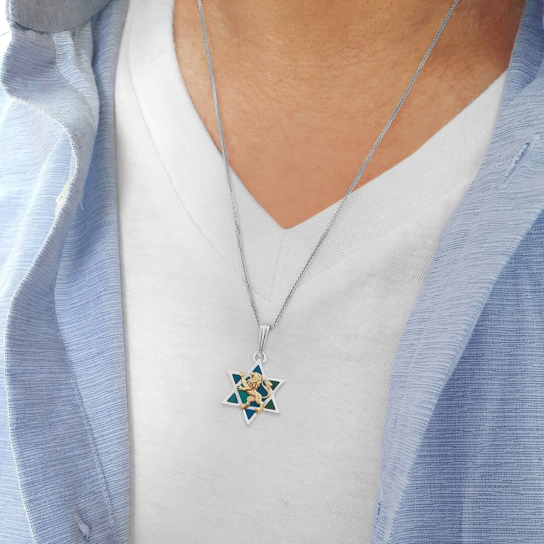 Silver Jewish Star of David & 14K Gold Lion of Judah Eilat Stone ...