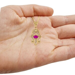Pink Ruby Gem Yellow Gold Hamsa Pendant,14k Solid Gold Filigree Hand ...