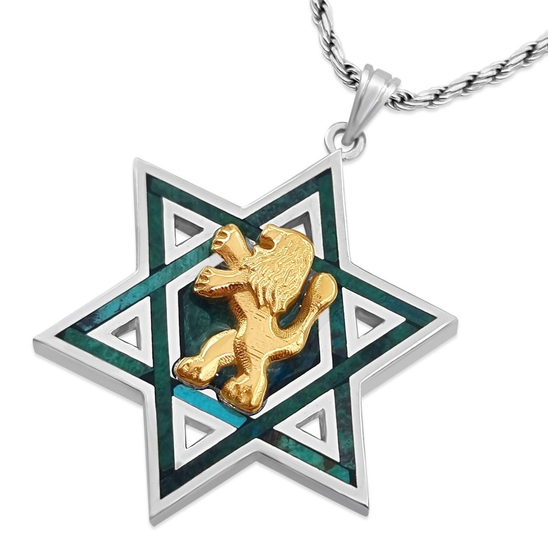 Large Jewish Magen David Pendant in Silver With Lion of Judah in 14K ...