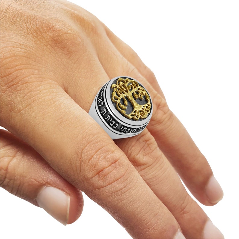 Silver and 14K Gold Tree of Life Ring,psalms Hebrew Biblical Verse ...