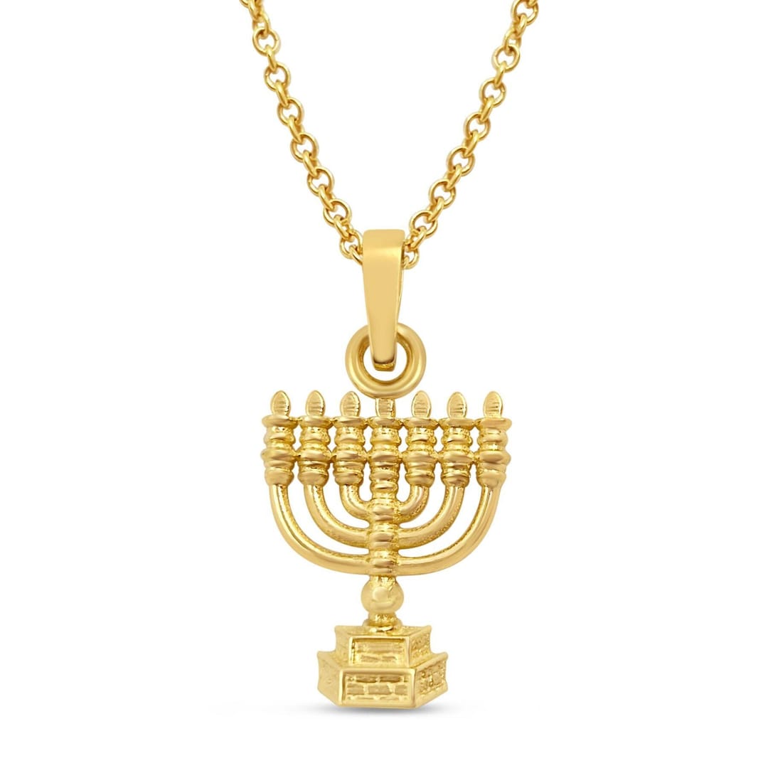 14K Gold Mini Menorah Pendant Jewish Necklace, Gold Jerusalem Holy ...