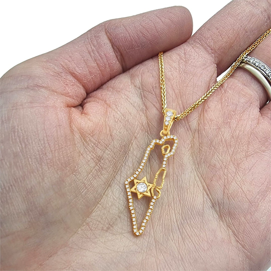 18K Gold Israel Map Pendant With Star of David and Diamonds - Etsy