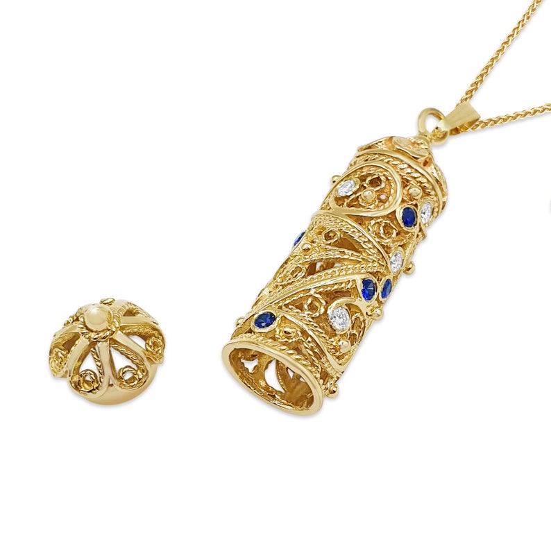 Open Filigree Mezuzah Necklace,14k Yellow Gold Judaica Jewelry,diamonds ...