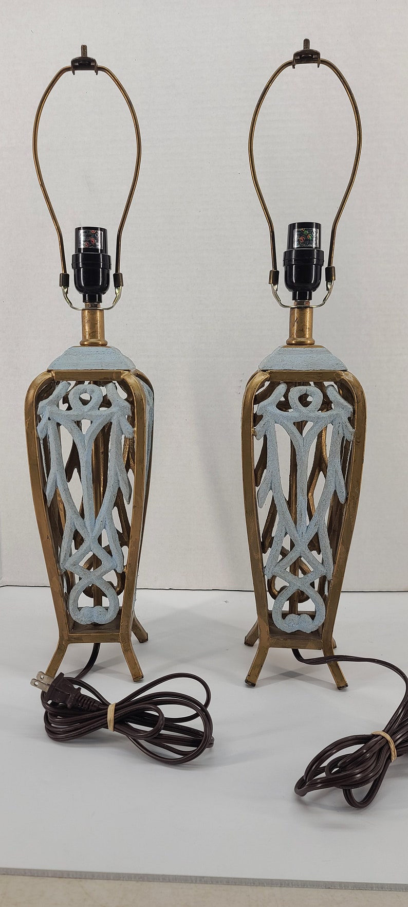 Pair Cheyenne Brass Gold Metal Blue Lamps Light Cage Ornate - Etsy