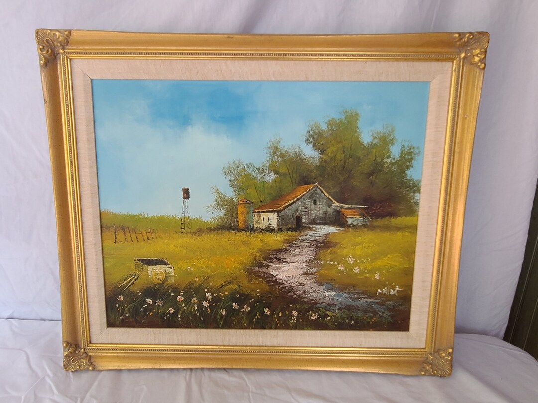 Signed Art Millet Oil Painting Canvas Landscape Farm Barn Spring Summer ...