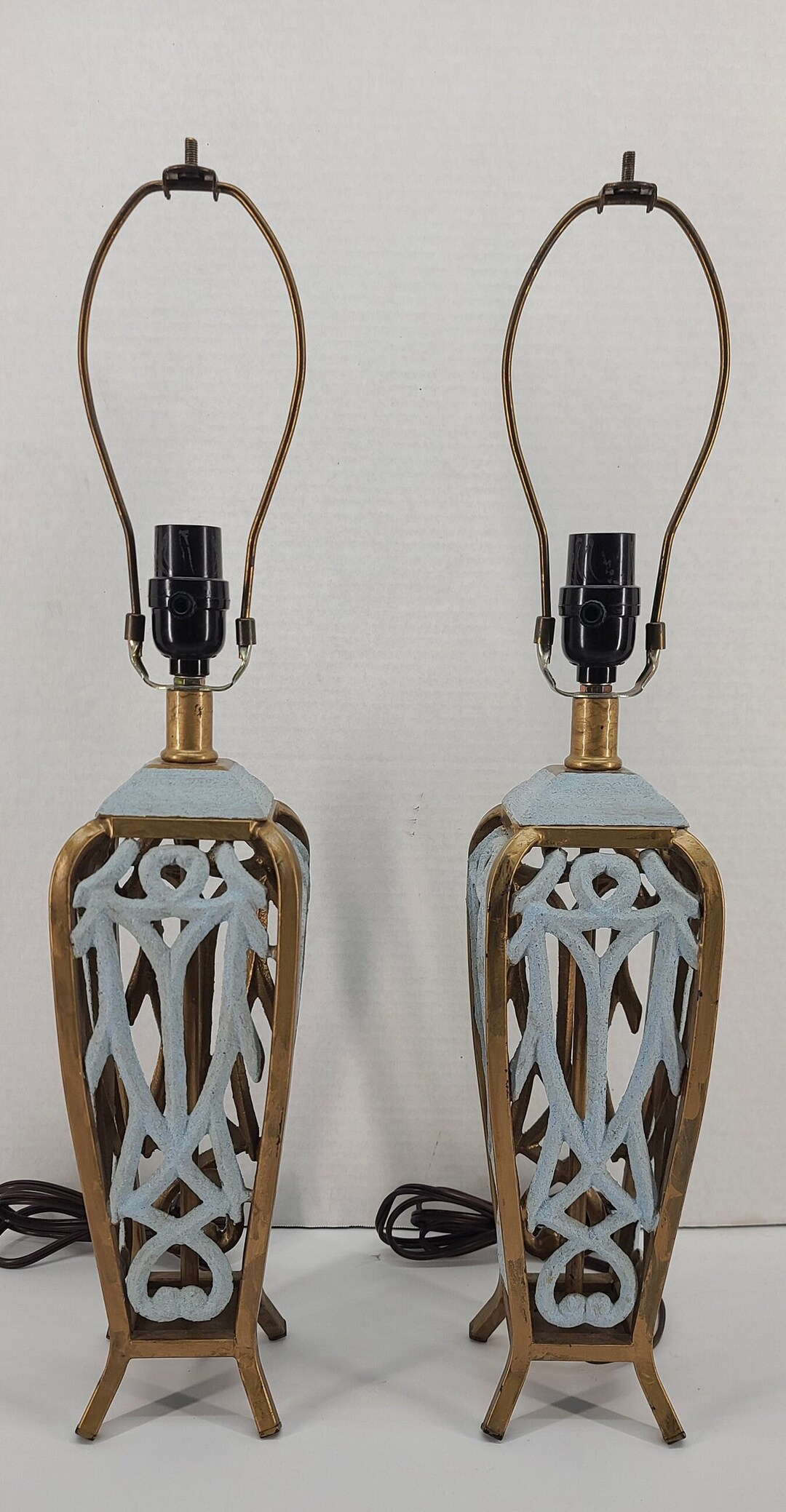 Pair Cheyenne Brass Gold Metal Blue Lamps Light Cage Ornate Textured ...