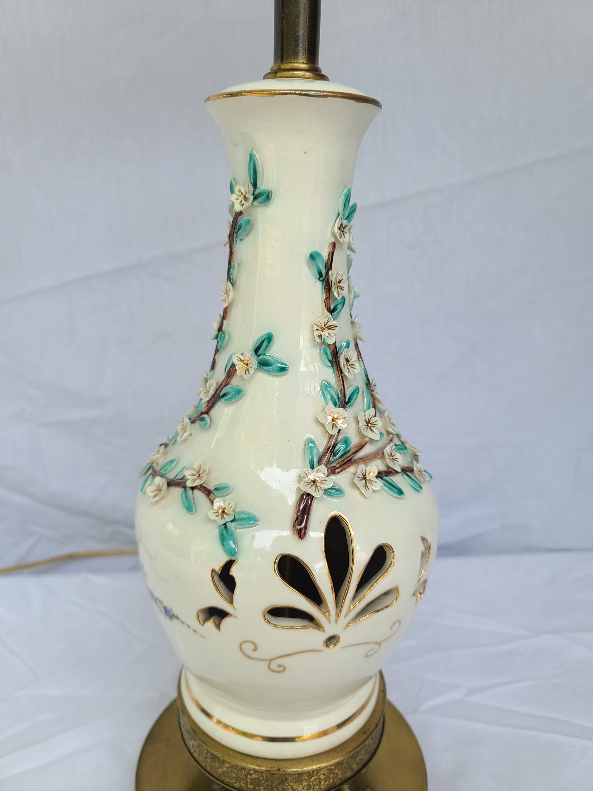 Vintage Porcelain Ceramic Marbro Table Desk Lamp Light Flower Brass ...