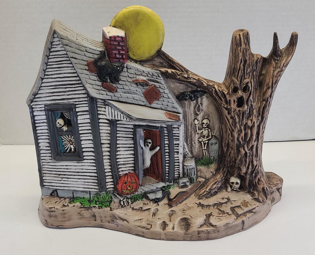 Vintage Ceramic Haunted House Light Ghost Tree Moon Skeleton Halloween ...
