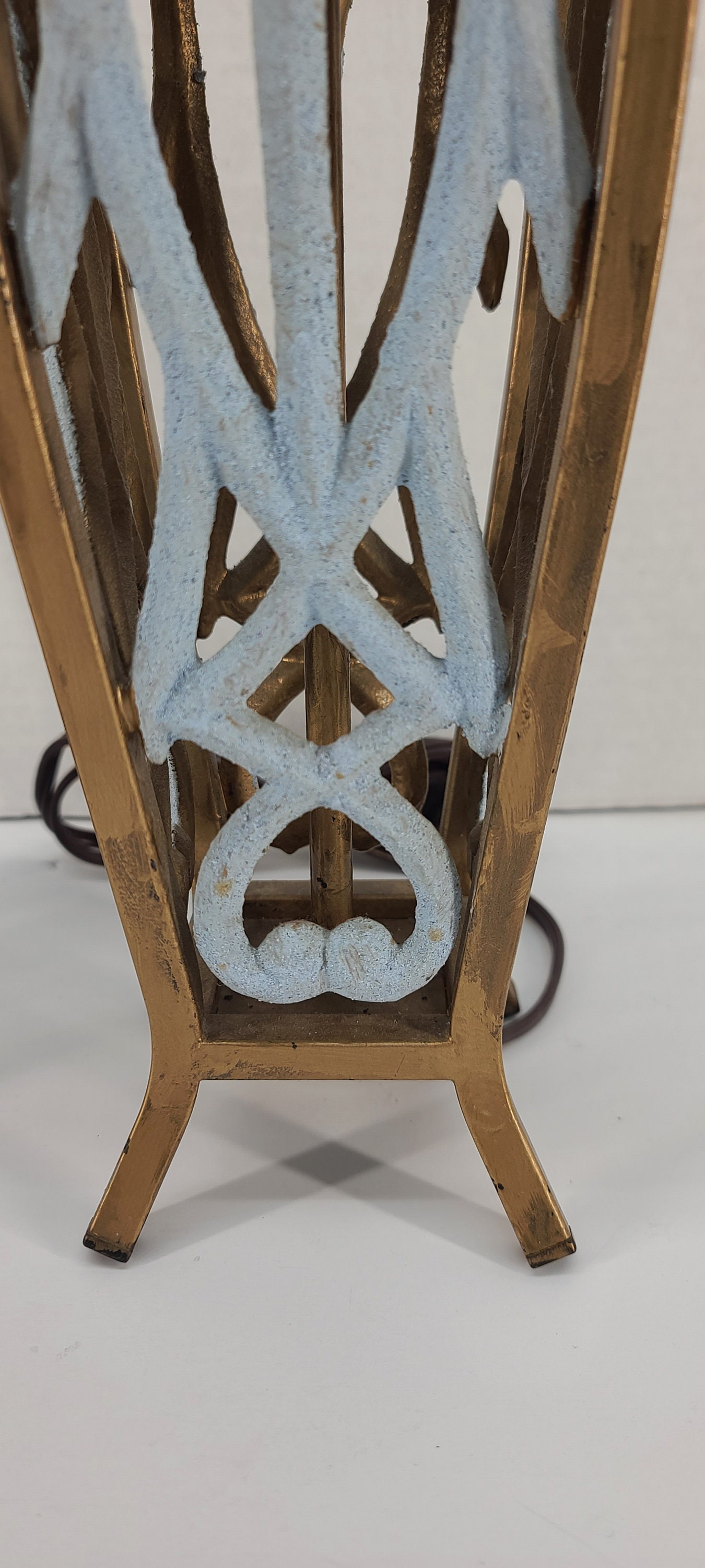 Pair Cheyenne Brass Gold Metal Blue Lamps Light Cage Ornate Textured ...