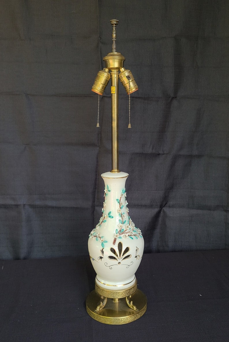 Vintage Porcelain Ceramic Marbro Table Desk Lamp Light Flower Brass ...