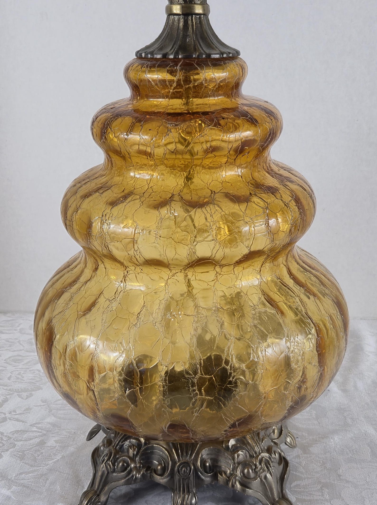 Vintage Amber Art Glass Crackle Lamp Mid Century Modern Table Light ...