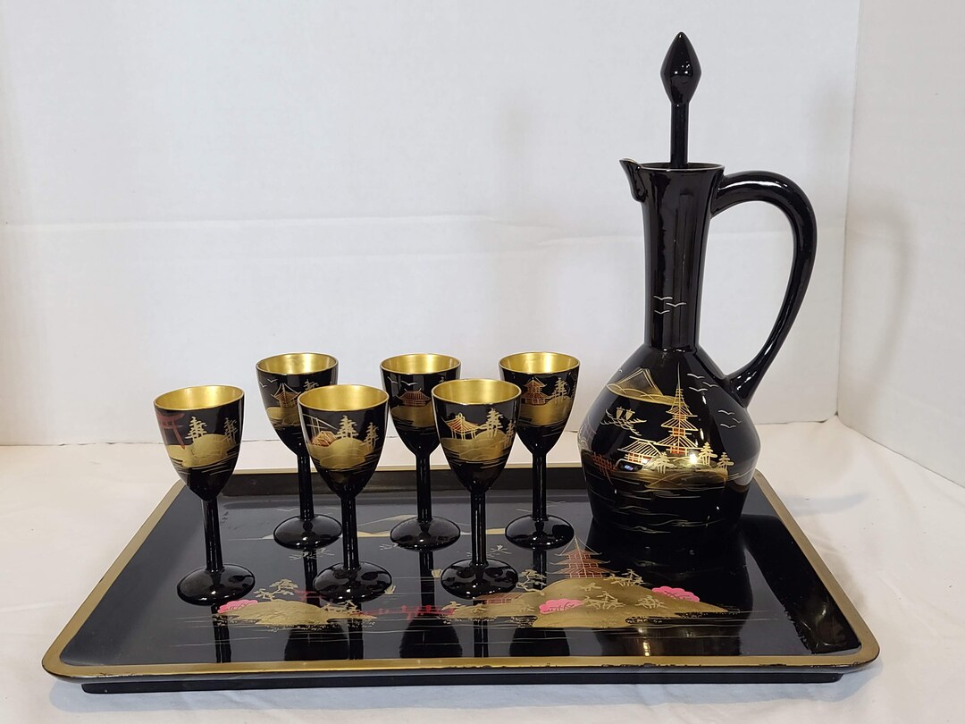 Vintage Japanese Lacquer Ware Chocolate Tea Sake Set Tray Cup Pitcher ...