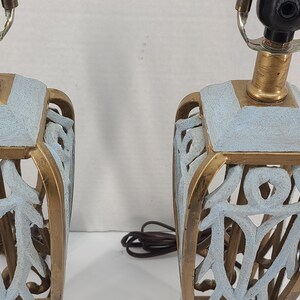 Pair Cheyenne Brass Gold Metal Blue Lamps Light Cage Ornate Textured ...