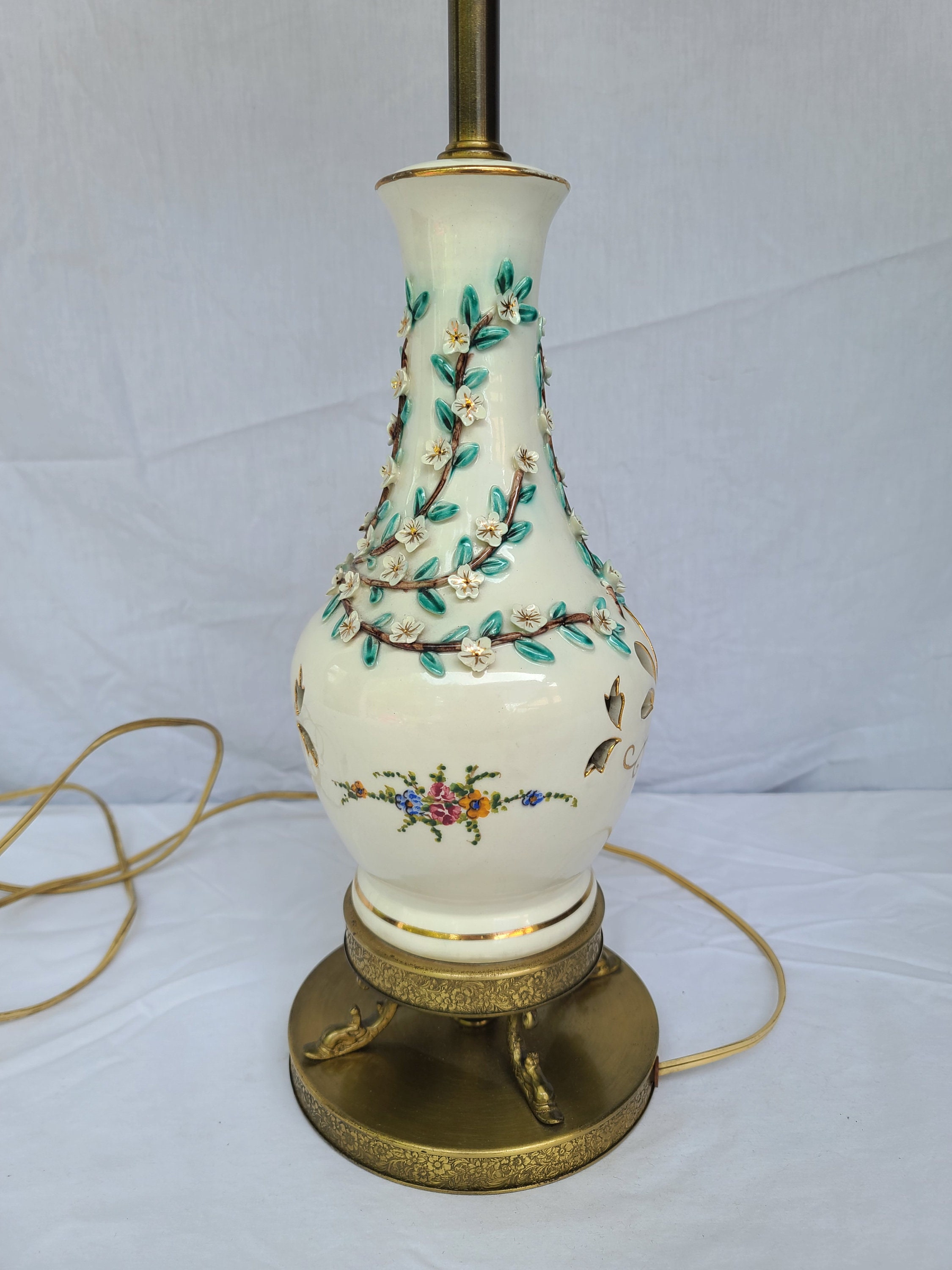 Vintage Porcelain Ceramic Marbro Table Desk Lamp Light Flower Brass ...