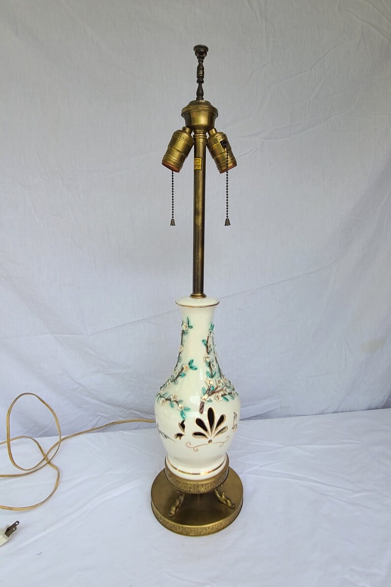 Vintage Porcelain Ceramic Marbro Table Desk Lamp Light Flower Brass ...