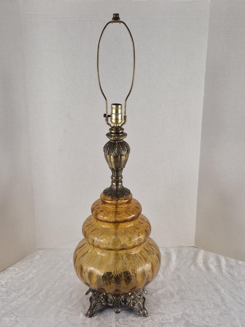Vintage Amber Art Glass Crackle Lamp Mid Century Modern Table Light ...