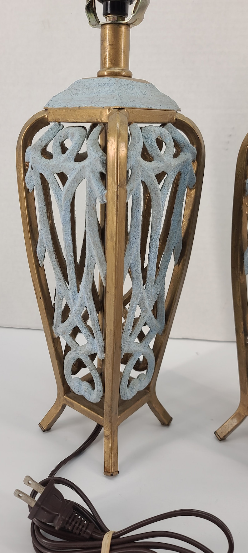 Pair Cheyenne Brass Gold Metal Blue Lamps Light Cage Ornate - Etsy