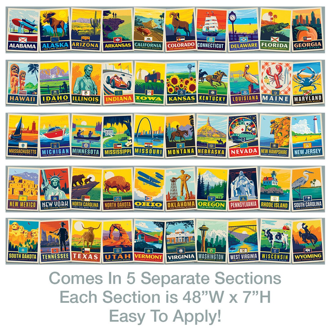 US States Wall Border Set, Includes 5 Peel and Stick 48W Inches X 7H ...