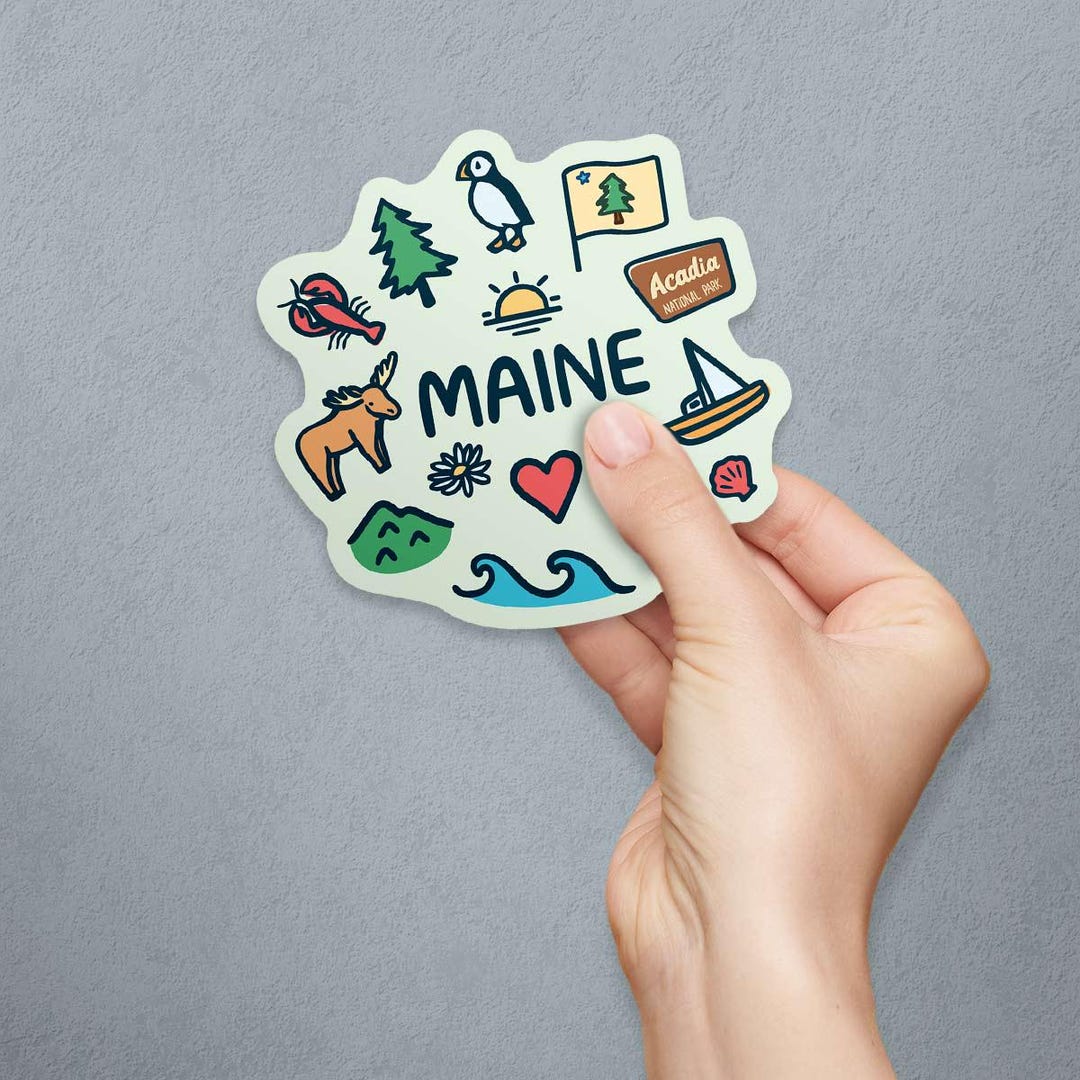 Vinyl Sticker, Maine Doodle Playful Icons Die Cut Sticker, for ...