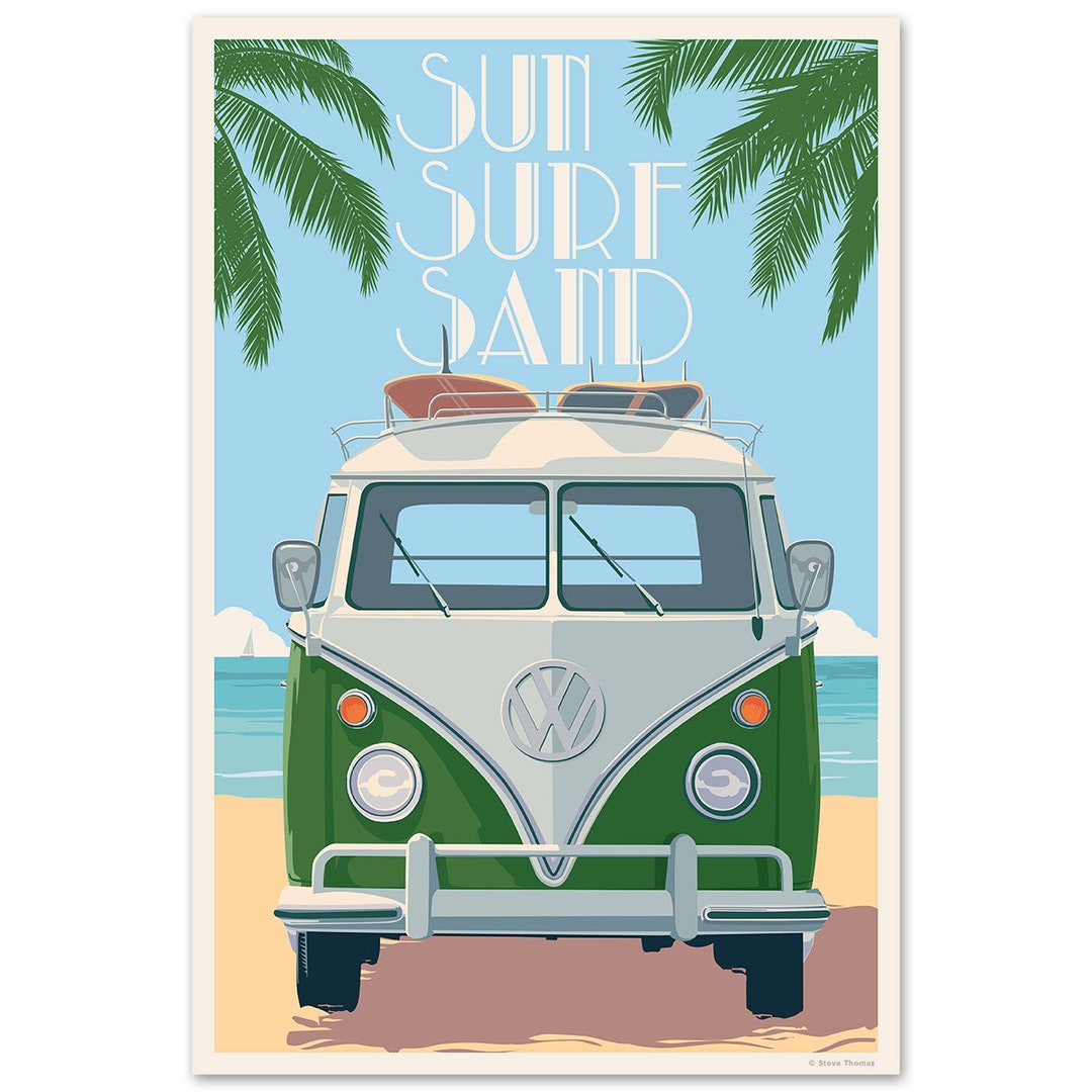 Sun Surf Sand Retro Beach Van Vinyl Sticker, Luggage, Notebook, Bag ...
