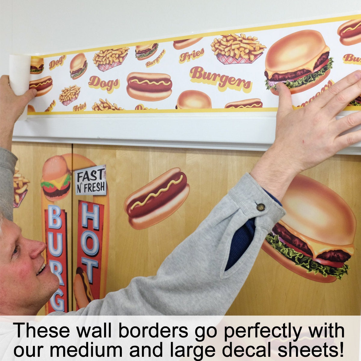 Diner Wall Decal Border, Hamburgers Hot Dogs French Fries Peel & Stick ...