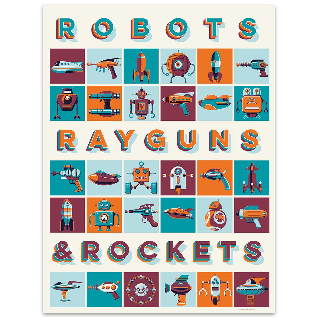 Retro Robots Ray Guns Rockets Sci Fi Vinyl Sticker, Luggage, Notebook ...