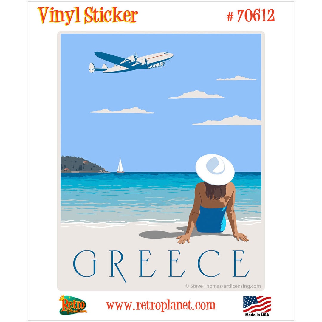 Vinyl Sticker; Greece Beach Shoreline Tourism Vintage Style Travel ...