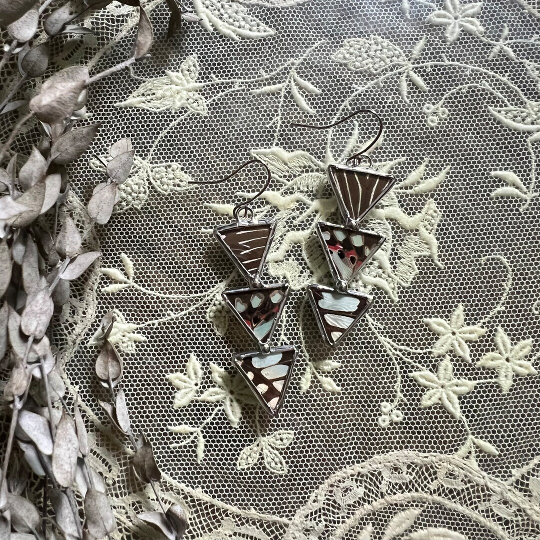 Triangle Arrow Trio Mixed Butterfly Wing Stained Glass Earrings - Etsy