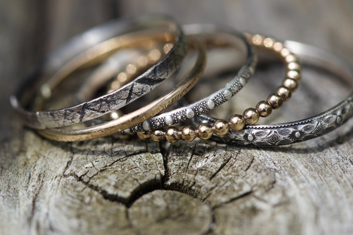 Stacking Ring Set * Mixed Metal Stackers * Solid Sterling Silver * 14kt ...