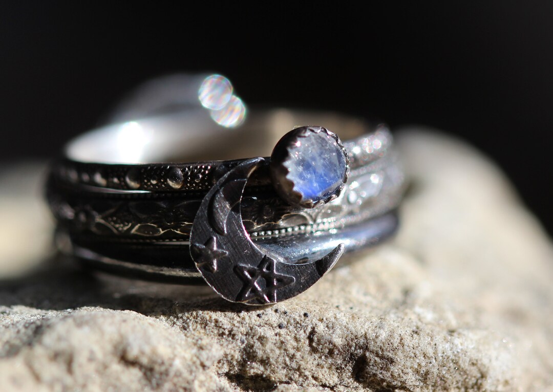 Celestial Ring Stacking Ring Set Moonstone Ring Solid Sterling Moon ...