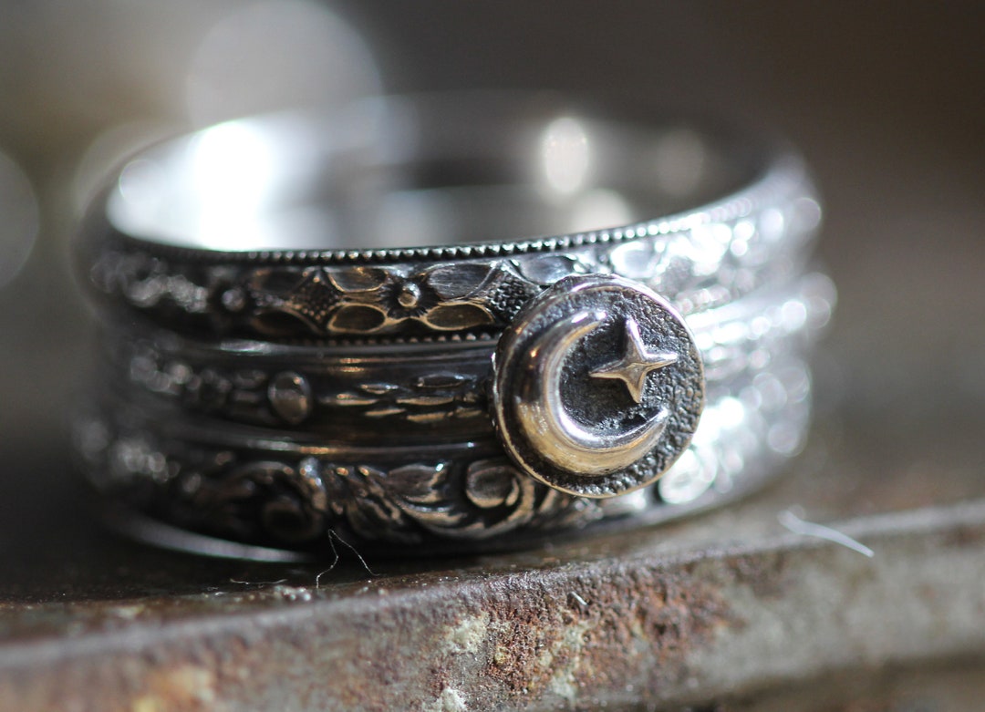 Crescent Moon Ring *north Star Ring* Floral, Full Moon, Vines * Stack ...
