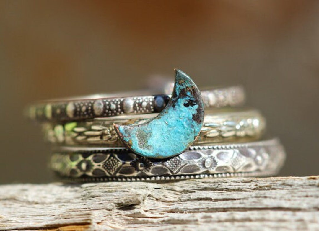 Blue Moon Ring Crescent Ring Set Copper Patina Moon Sterling Silver ...