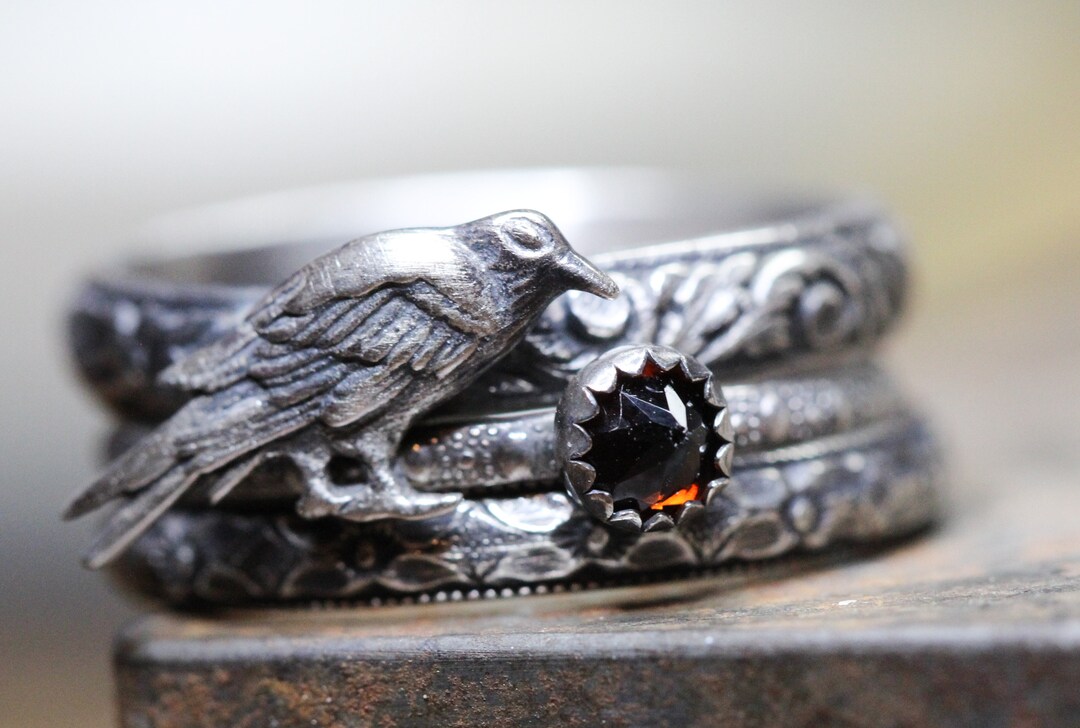 Raven Ring * Solid Sterling Silver * Fire Citrine* Samhain Stacking Set ...