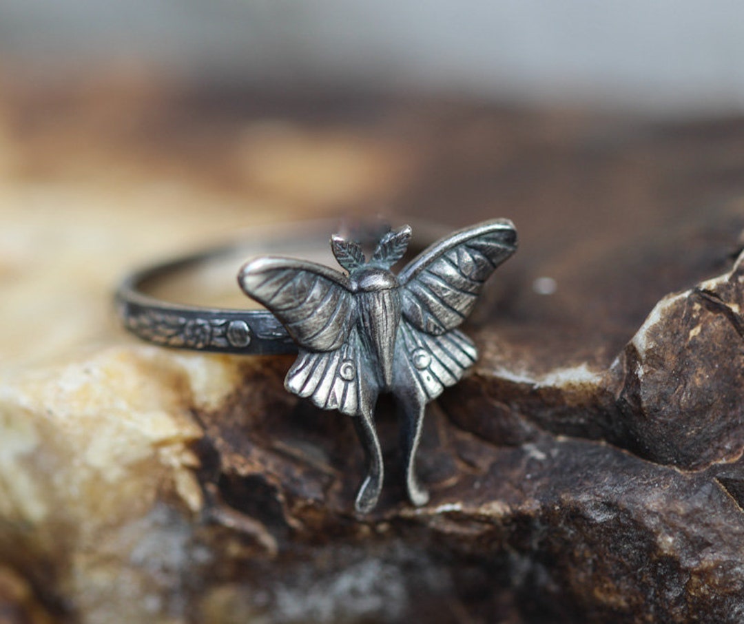 Luna Moth Ring* Rebirth * Solid Sterling Silver * Full Moon Floral Band ...