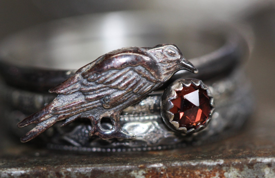 Raven Ring * GARNET Rings Set 3 * Solid Sterling Silver * Badb ...