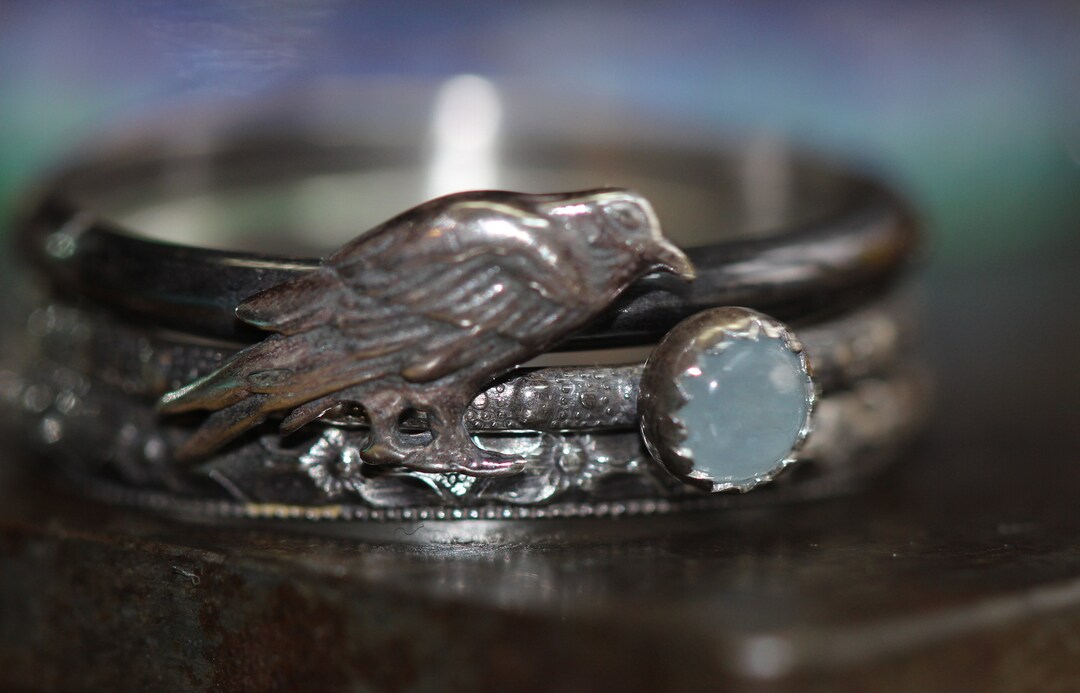 Raven Ring * Solid Sterling Silver *stack of Three* Aquamarine * Badb Patterned Rings NEVERMORE ...