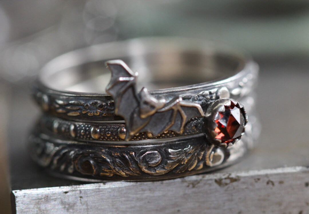 Bat Ring Set* Genuine Garnet * Solid Sterling Silver * Witchy Jewelry ...