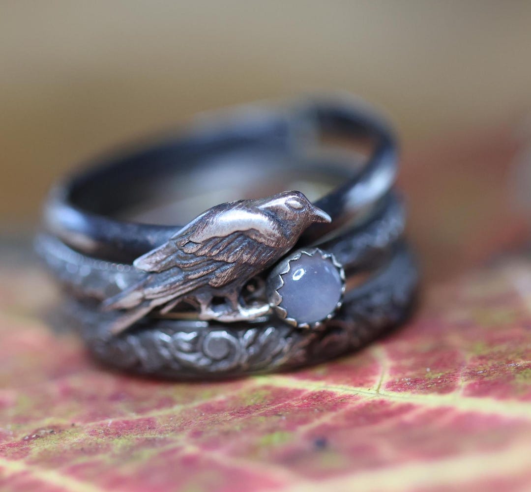 Raven Ring Set* Silver Moonstone* Solid Sterling Silver * Morrigan ...
