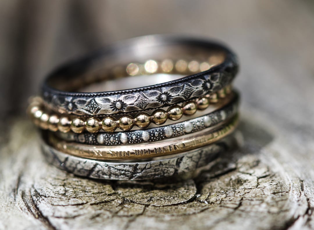 Stacking Ring Set * Mixed Metal Stackers * Solid Sterling Silver * 14kt ...