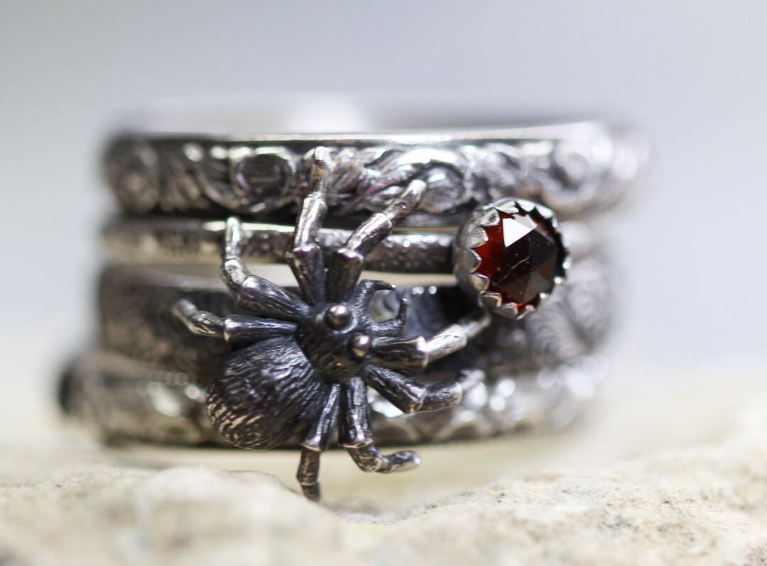 Spider Ring Solid Sterling Silver Stacking Rings Set of 4 Garnet Black ...