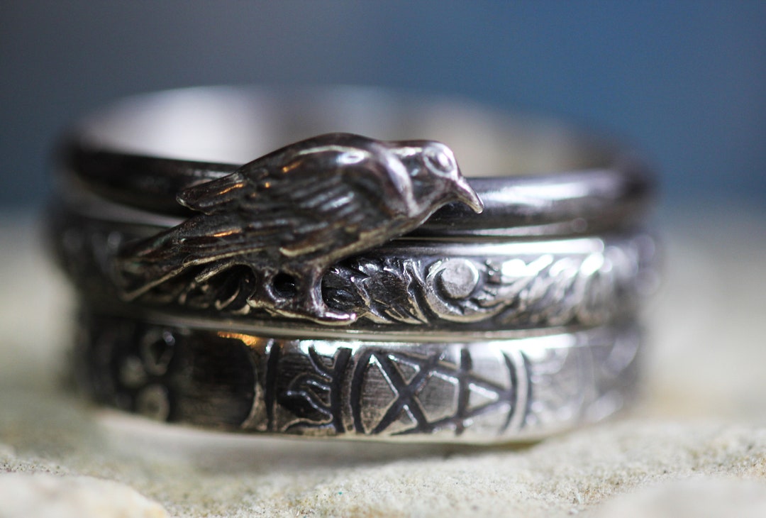 The RAVEN Sterling Silver Stack of 3 With PENTACLE Badb - Etsy
