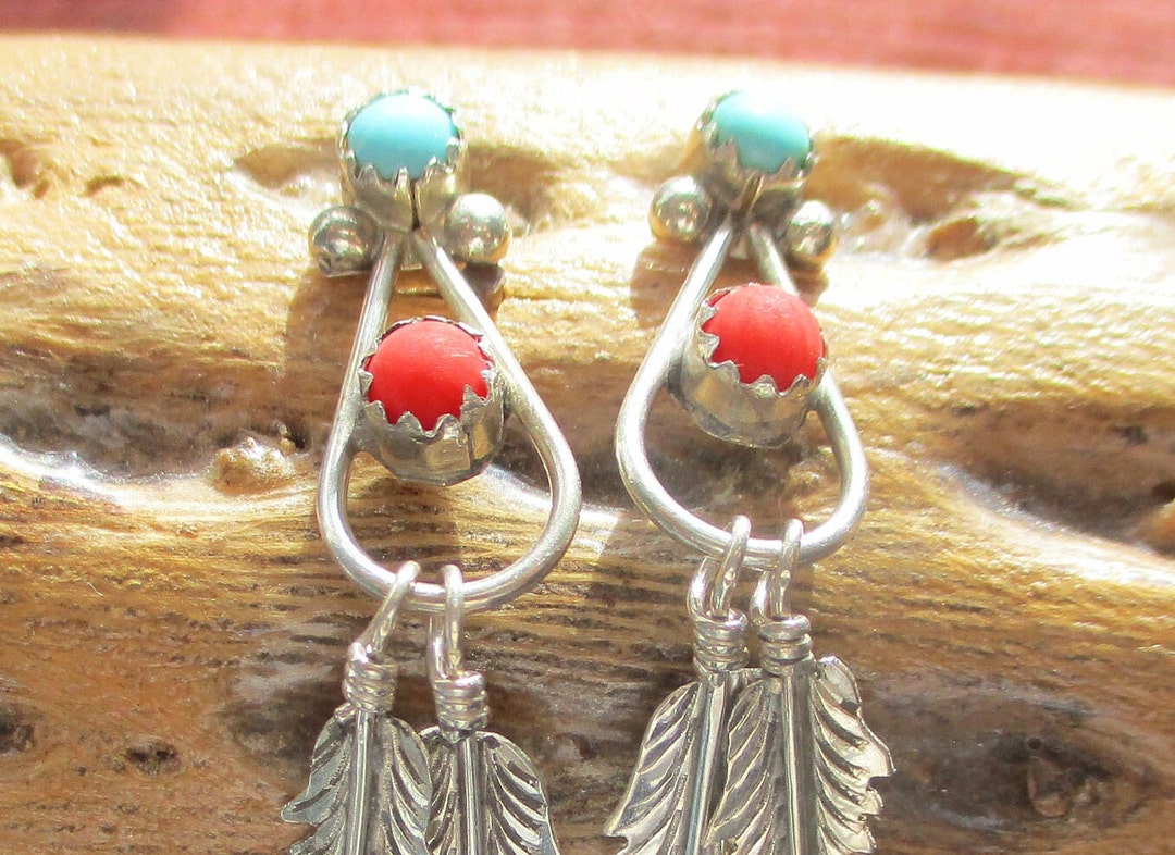 Turquoise,coral and Sterling Petit Point Post Dangle Earrings - Etsy