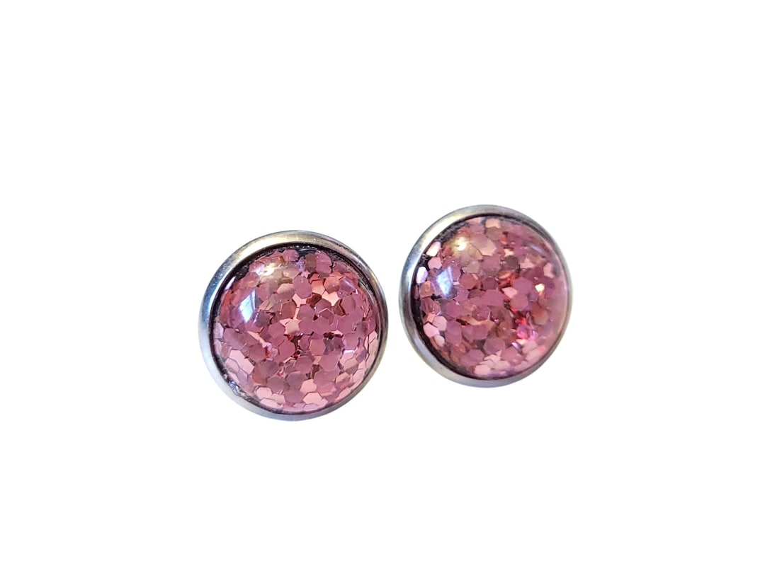 Pink Glitter Earrings, Pink Stud Earrings, Sparkly Stud Earrings, Glitter Studs, Pink Post ...