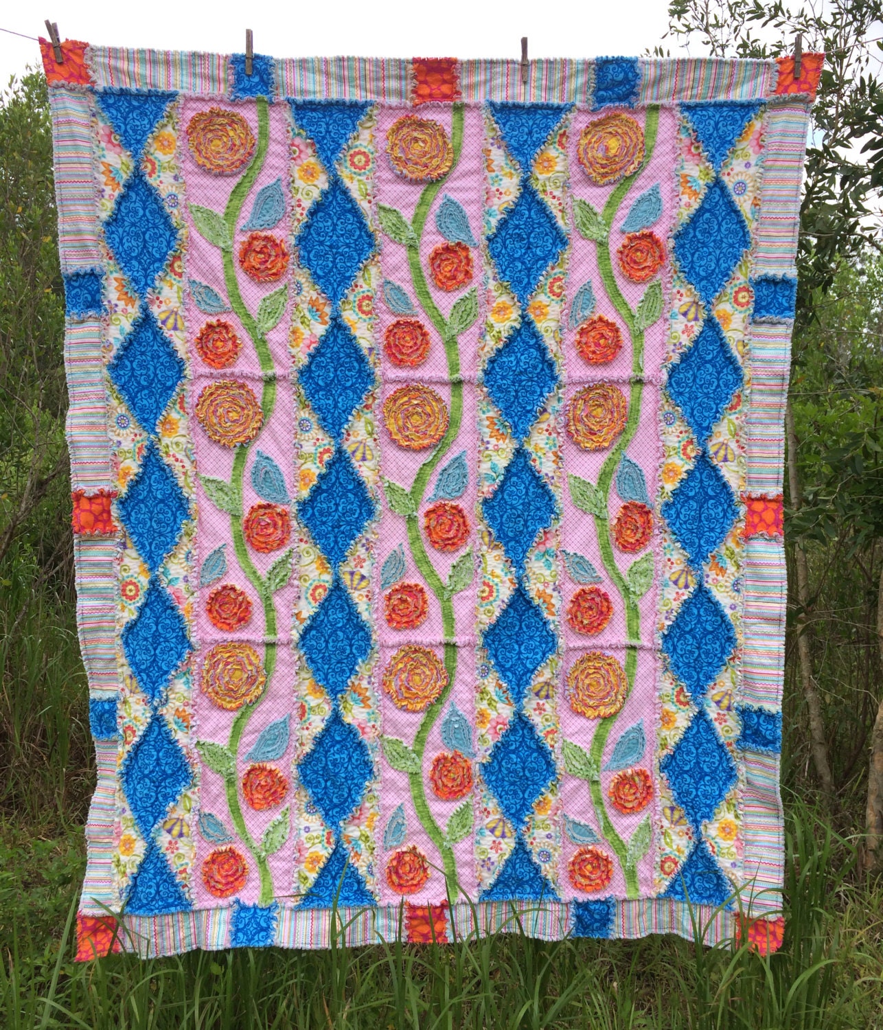Rag Quilt Throw or Lap Quilt 55"x 66" PATTERN "sally's English Garden ...