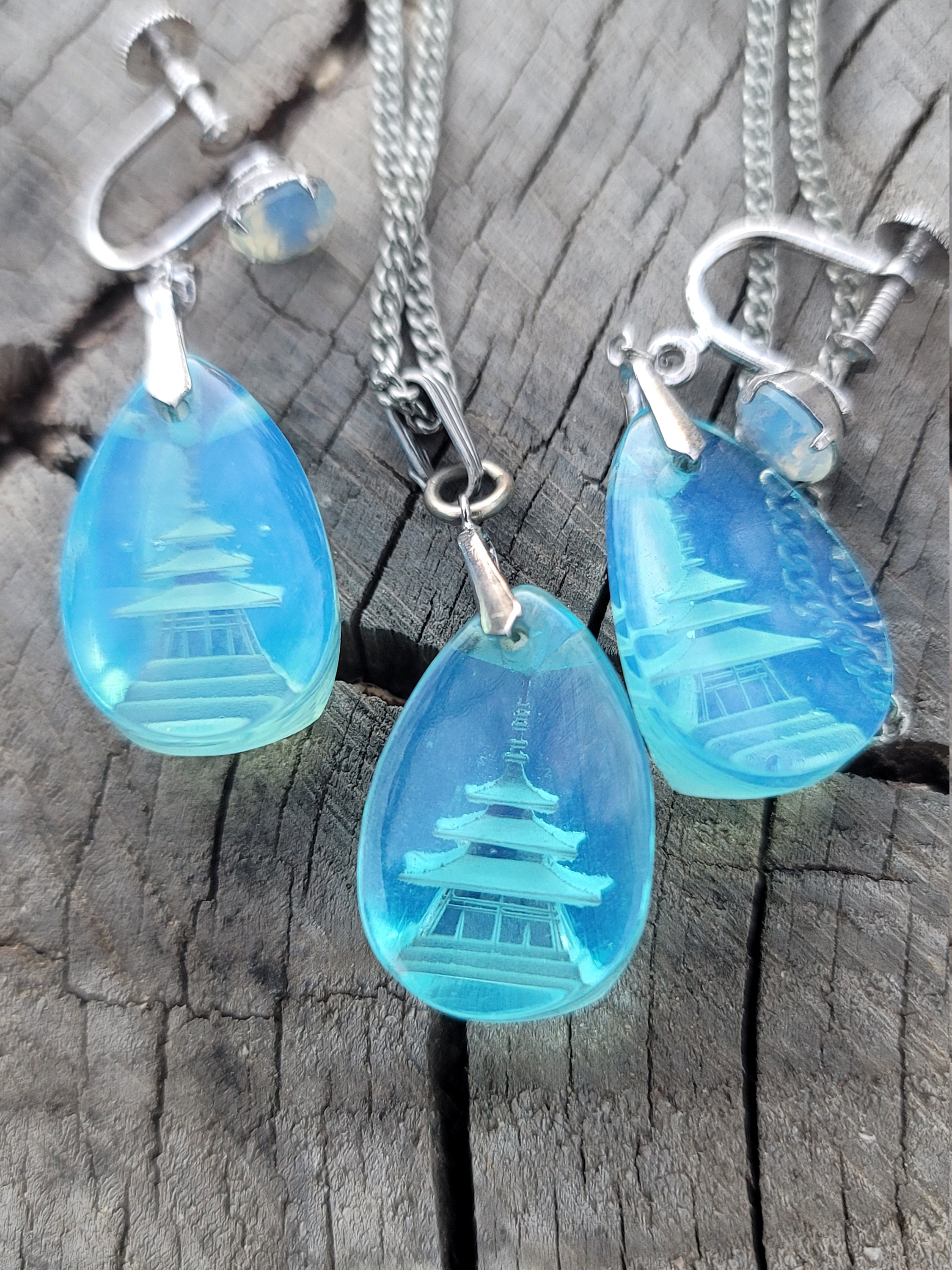 Vintage Intaglio Blue Opaline Glass Pagoda Necklace and Earrings - Etsy