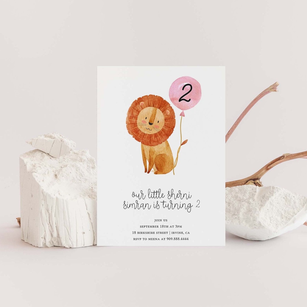 Cute Lion Birthday Invitation Kids Lion Balloon Invite - Etsy