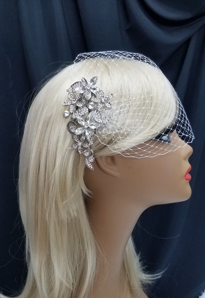 RHINESTONE FLOWER BRIDAL Headpiece, With or Without Birdcage, Tulle or ...