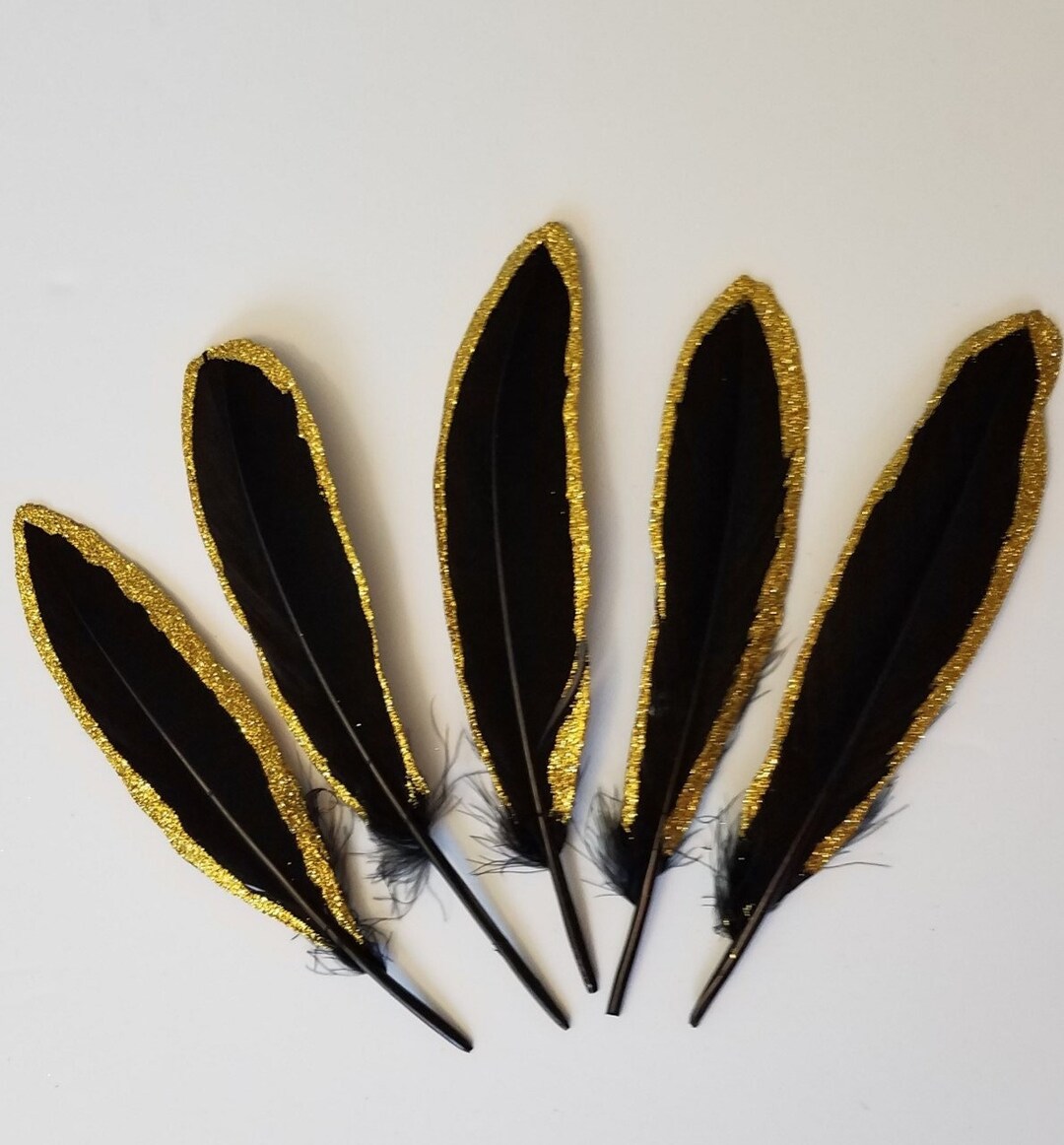15 GOLD SPARKLE EDGE Black Goose Feathers 6 - 7 Inch Long for Crafting ...