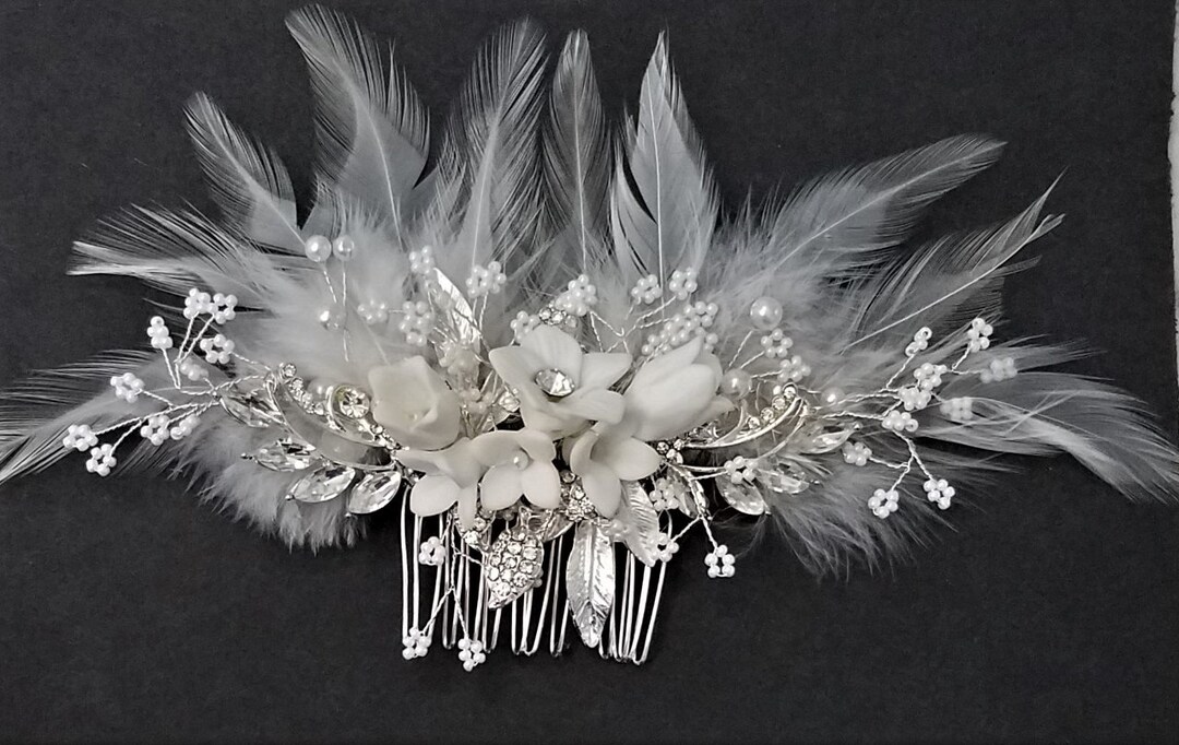 FEATHER FLOWER BRIDAL Comb, Can Do Other Color Feathers, Rhinestone and ...