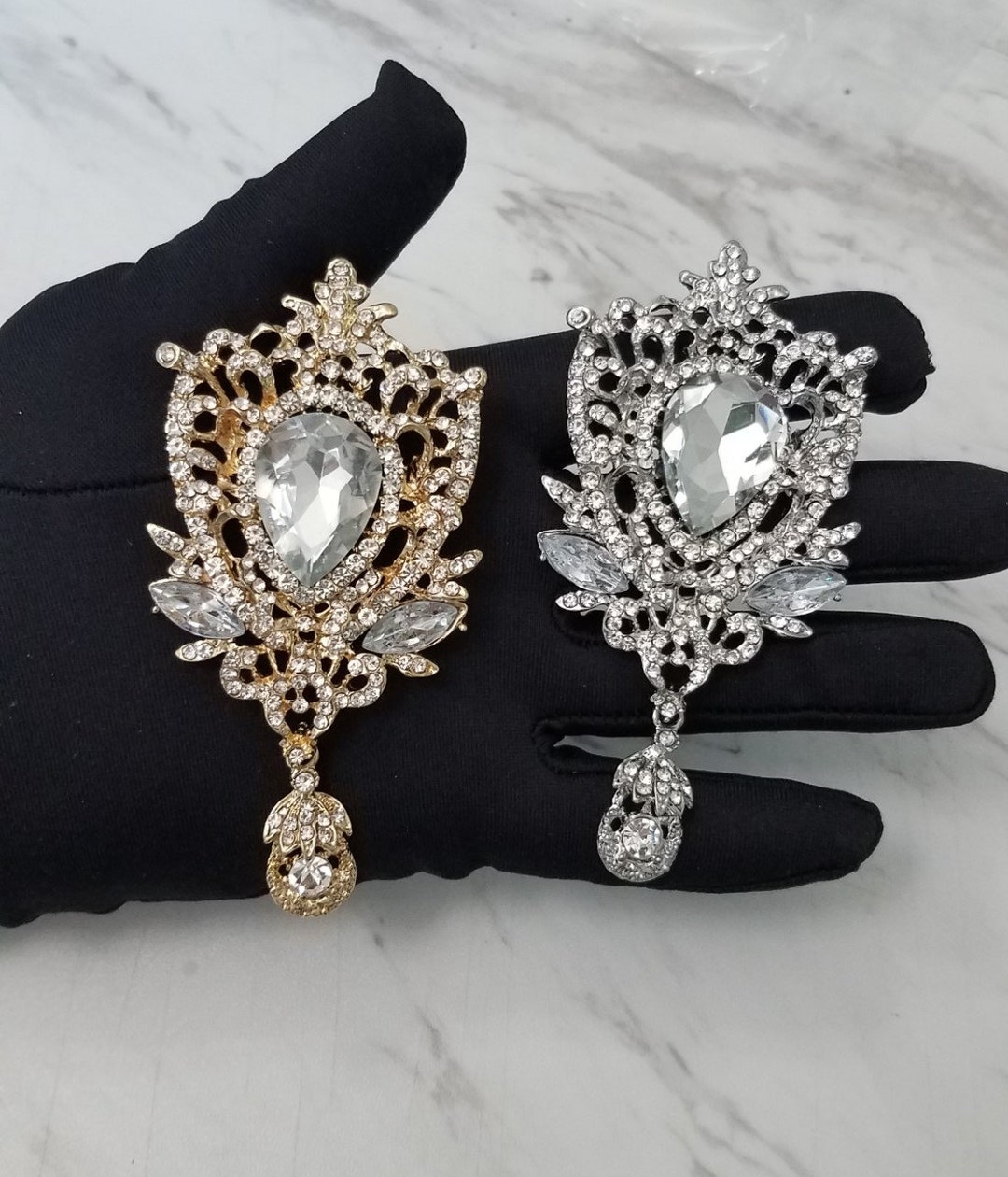 LARGE GOLD or SILVER Tone Crystal Rhinestone Brooch for Dly Bouquet ...